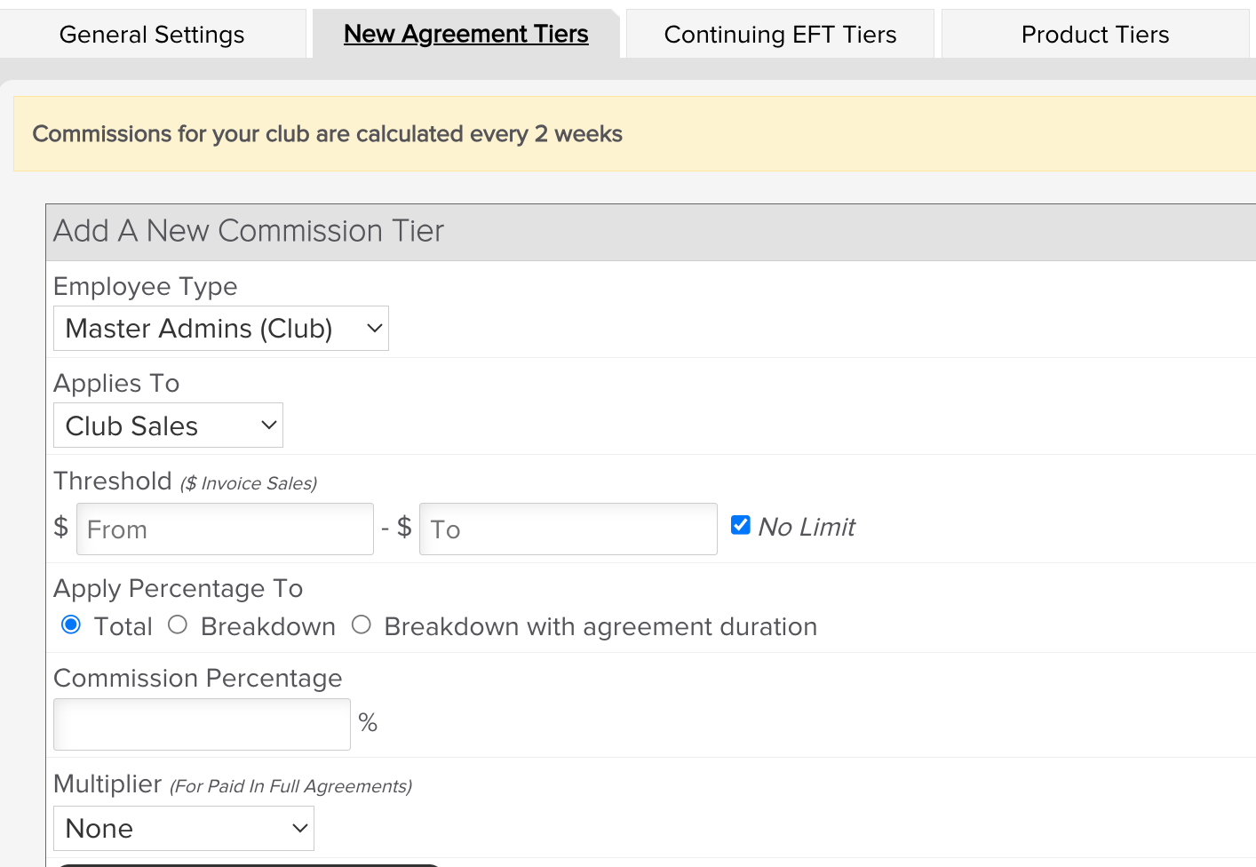 Commission Tiers Page – ClubReady Support
