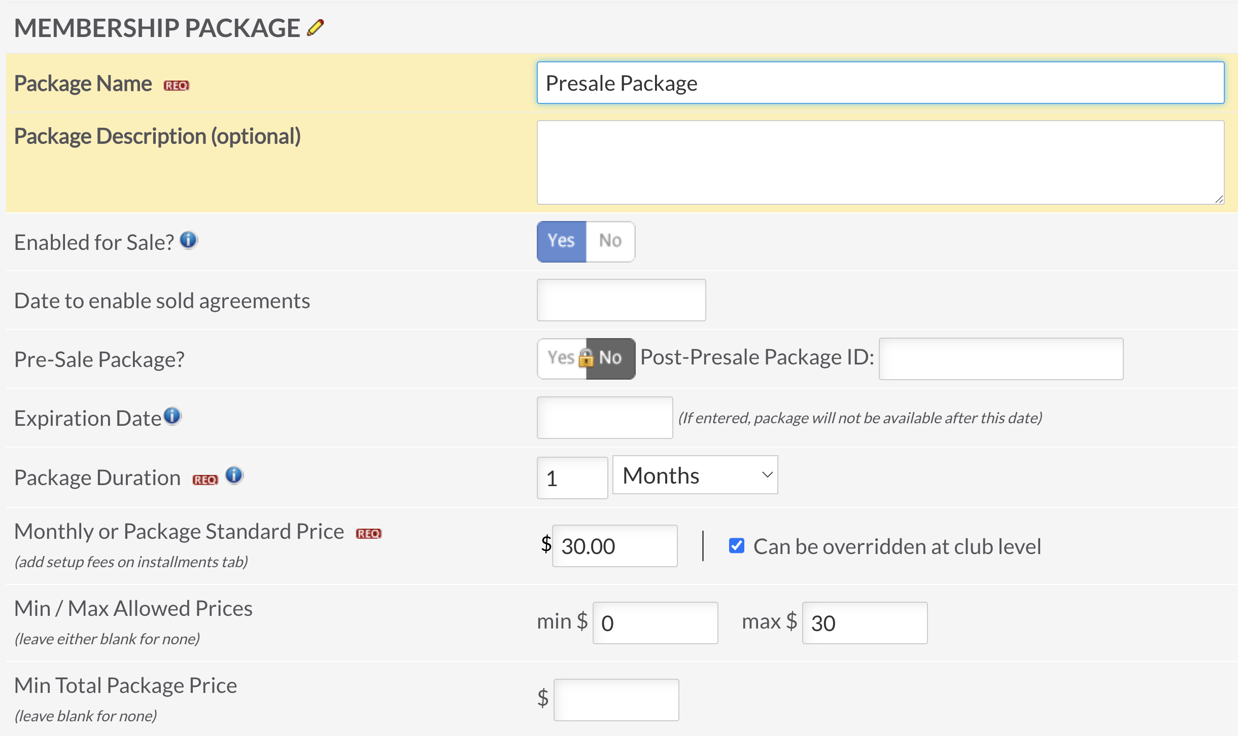 Sales Package Settings Tab at the Corporate Level – ClubReady